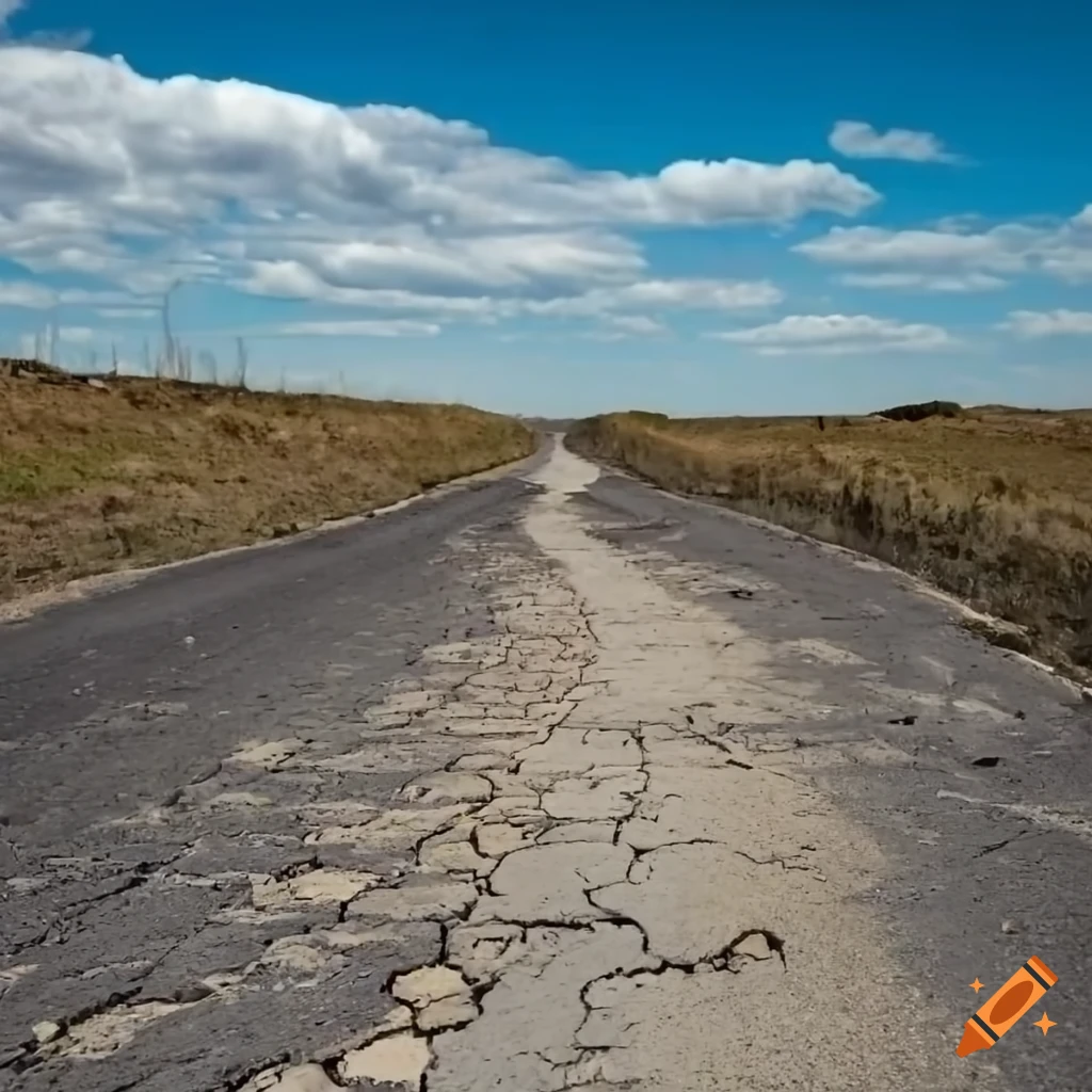 Destructed road with cracks under blue sky on Craiyon