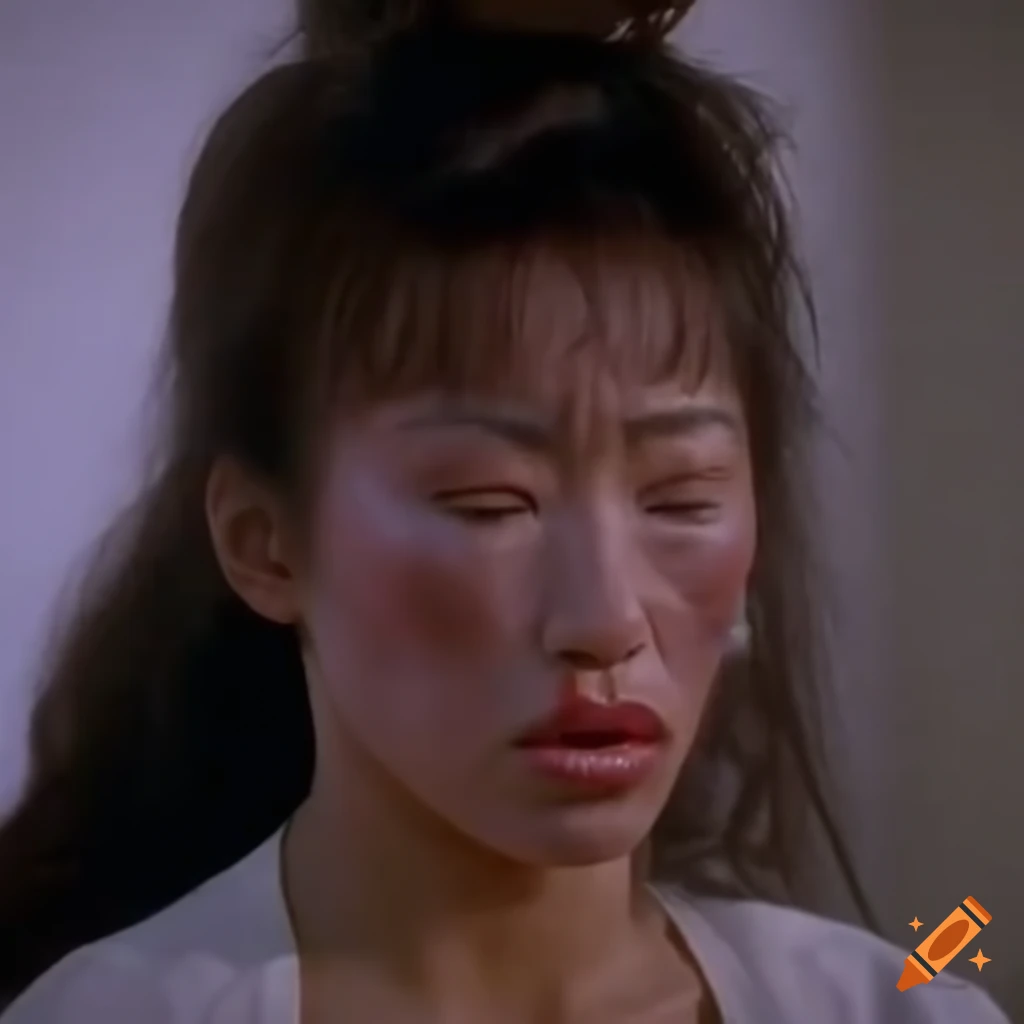 Asian American female martial arts fighter with bruised face and dizzy ...