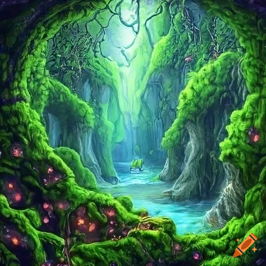 Lush cave with magical glowing berries and serene terraced pools on Craiyon