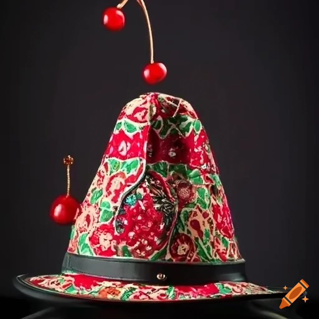 Colorful and decorative hat with bells and cherry on top on Craiyon