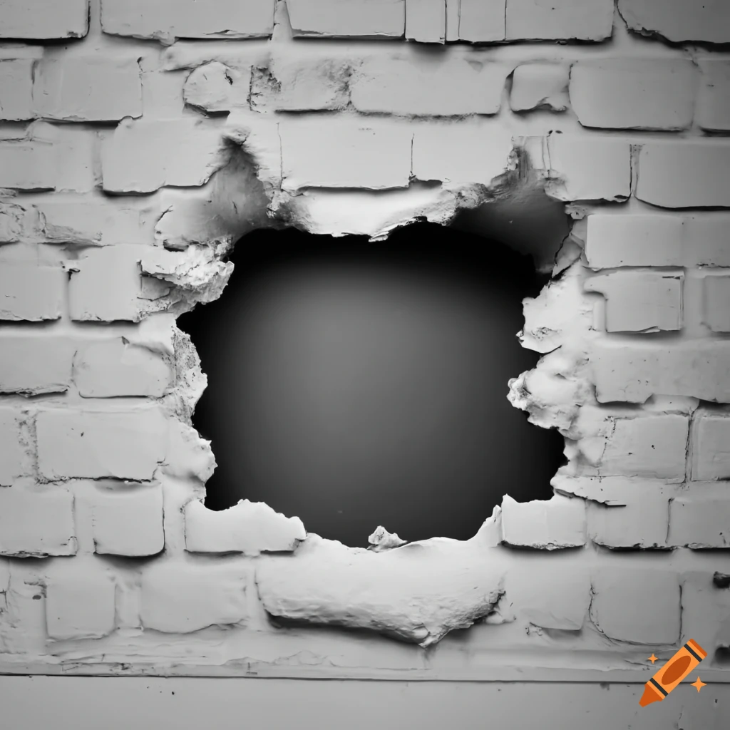 Explosion with ceramic bricks flying through a hole in a white wall on ...