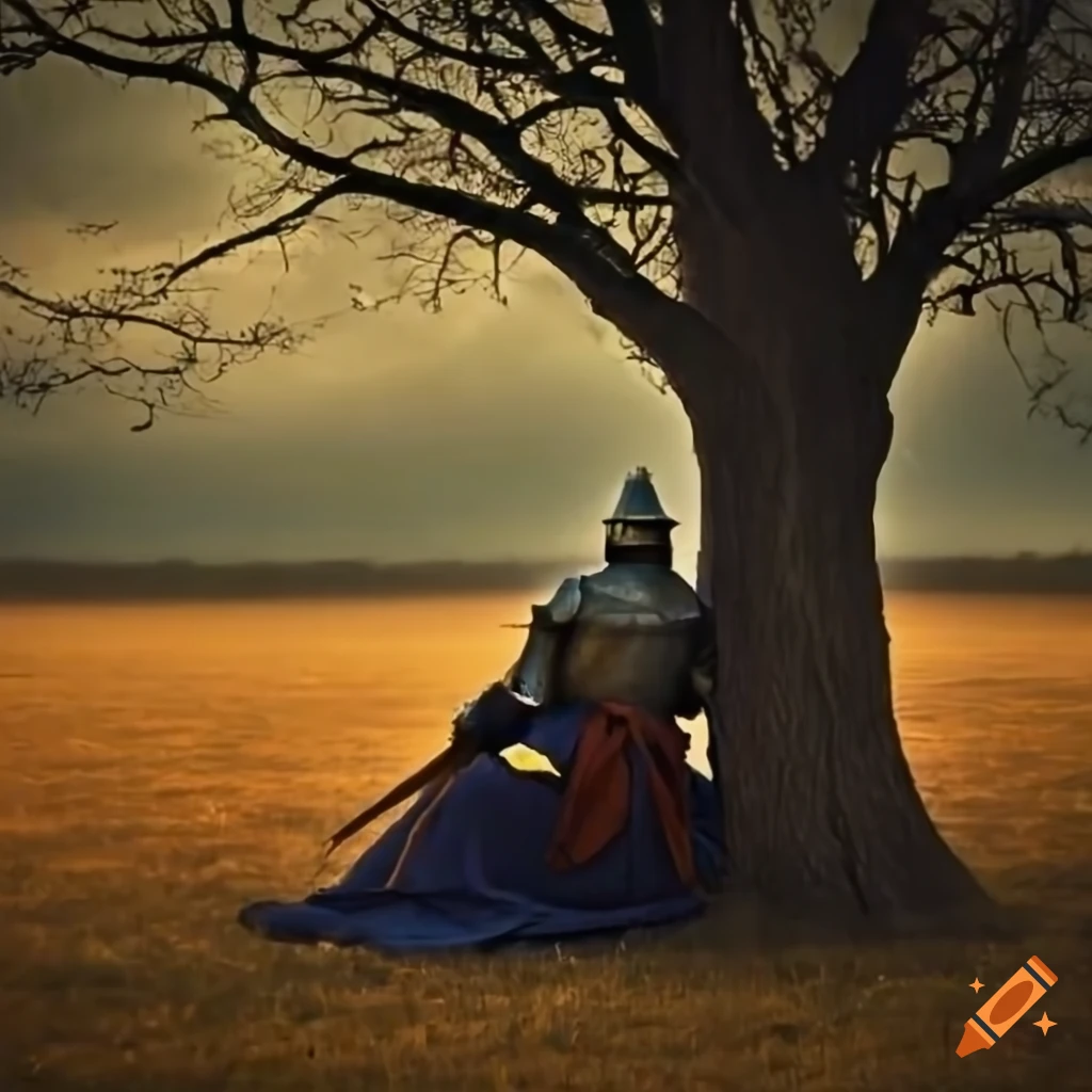 Sad knight sitting under a tree in a field on Craiyon