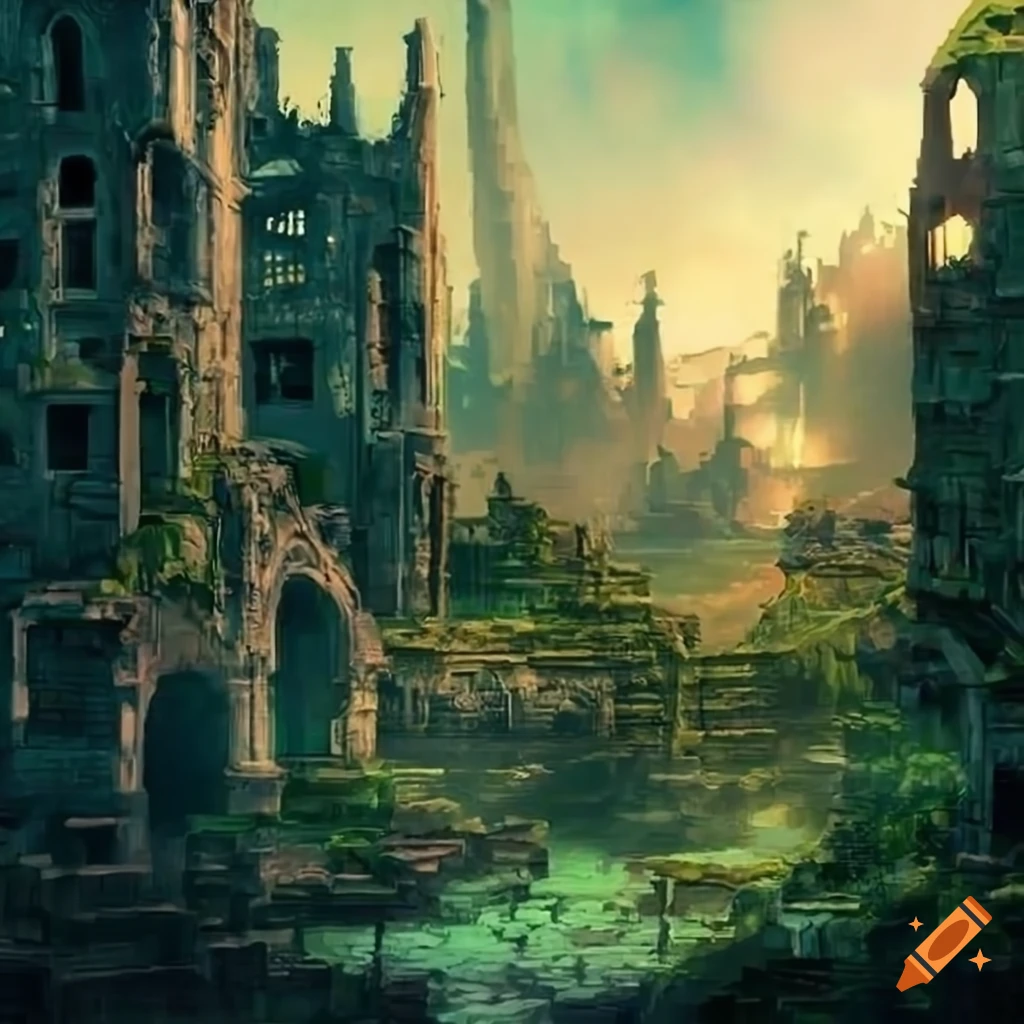 Overgrown ruins of a fantasy city on Craiyon