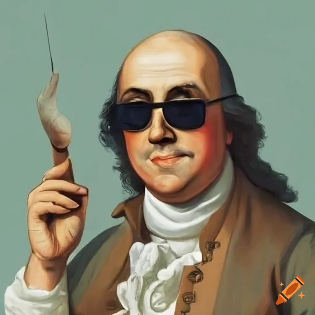 Satirical art of Ben Franklin with black sunglasses holding a joint on ...