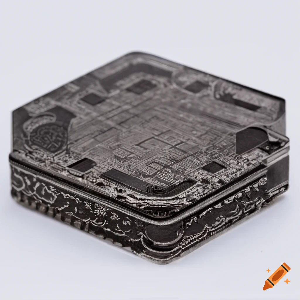 Computer chip package enclosed in damascus steel pattern with visible ...