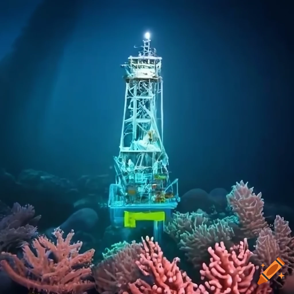 Drilling rig with floodlights on seafloor with vibrant coral gardens on ...