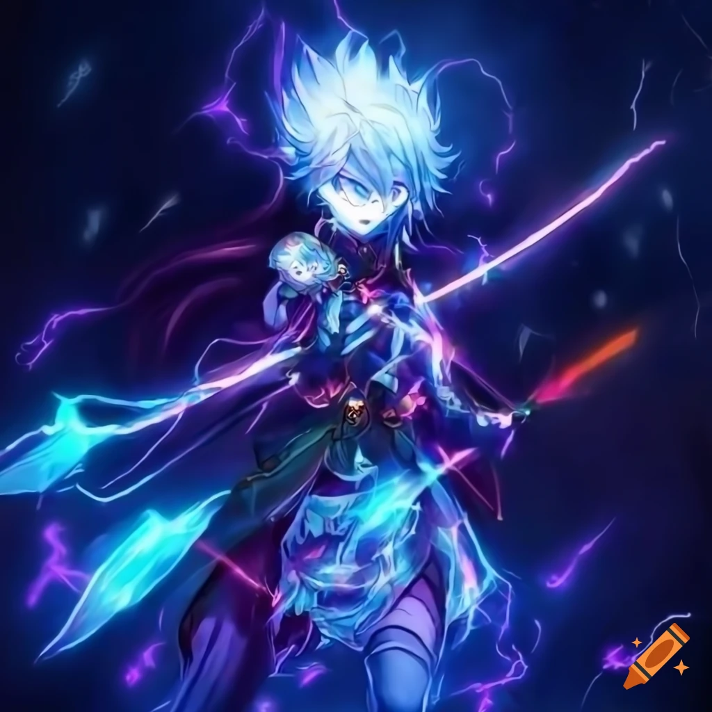 Anime art of a powerful god tribe leader with a glowing weapon in a ...