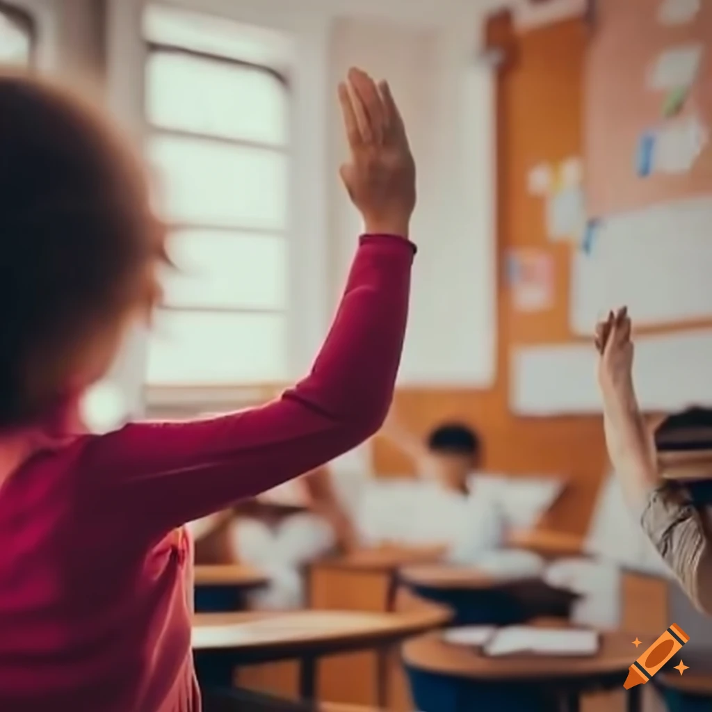 Student raising hand to ask a question in the classroom on Craiyon