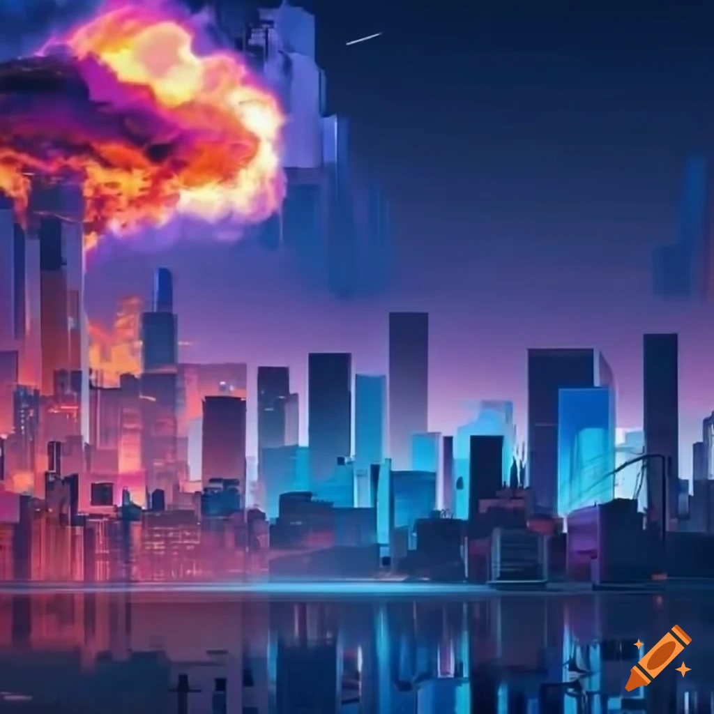 Blue neon cyberpunk city skyline with orange mushroom cloud explosion ...