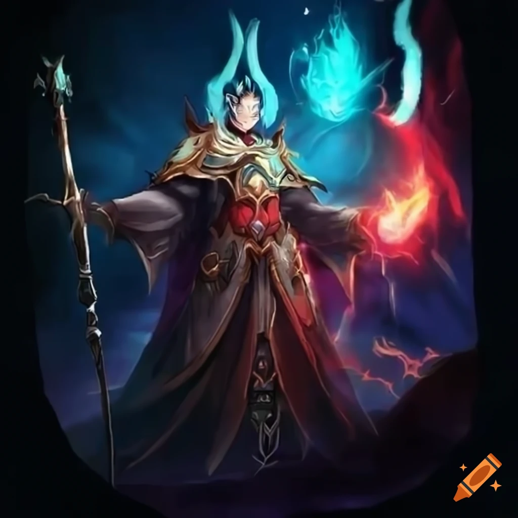 Anime-style illustration of a heroic priest king with demon horns and ...