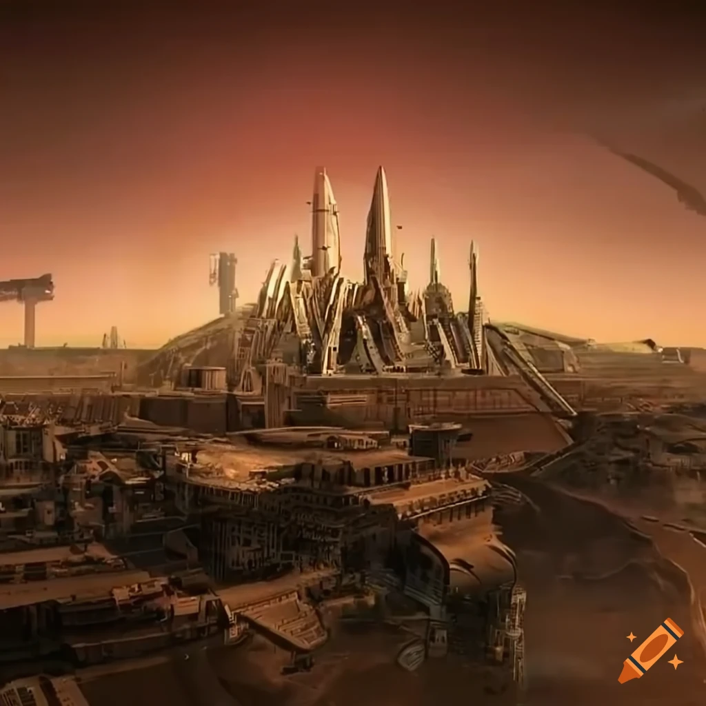 Wide landscape of a detailed steampunk city on mars on Craiyon