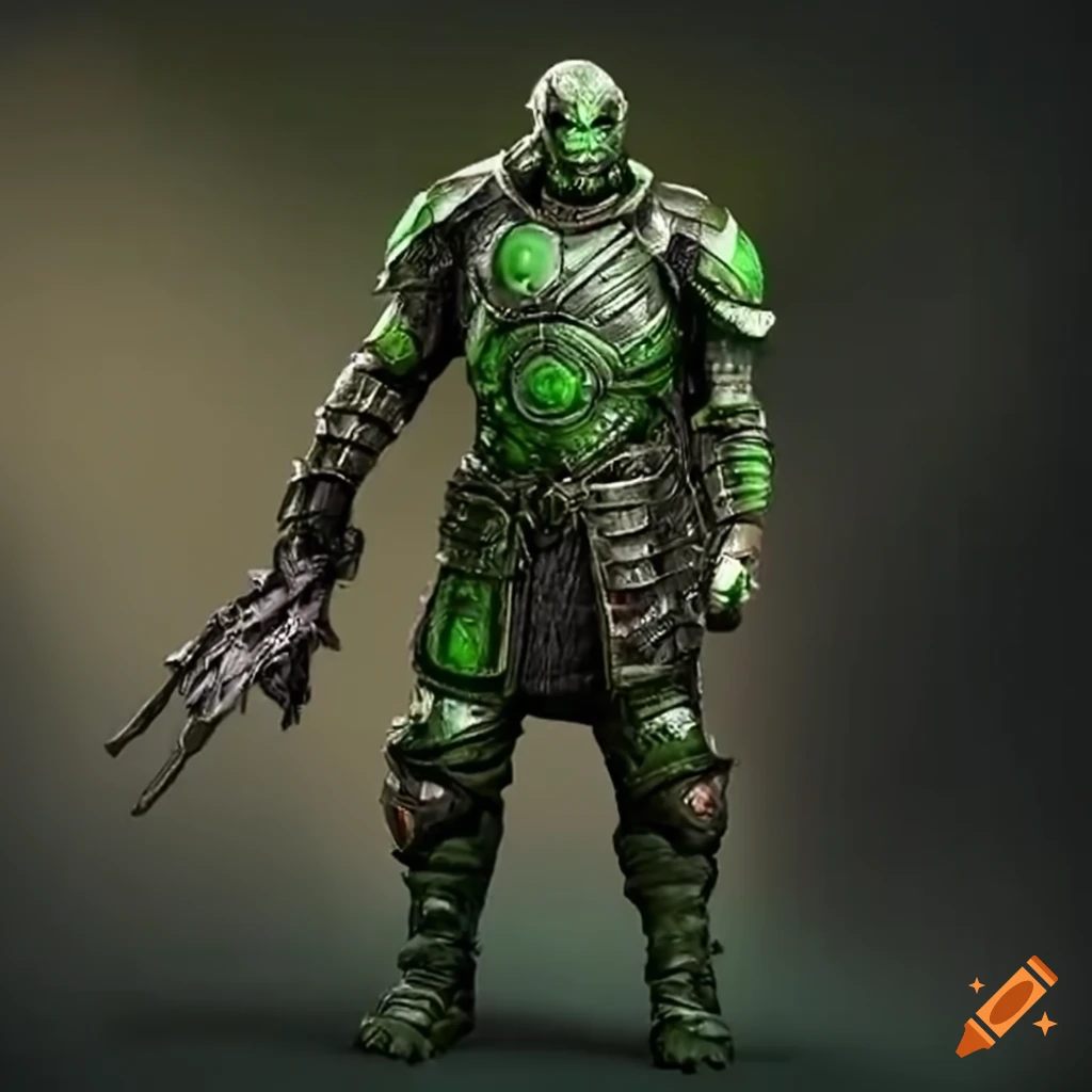 Sinister soldier in dark green armor with silver highlights on Craiyon