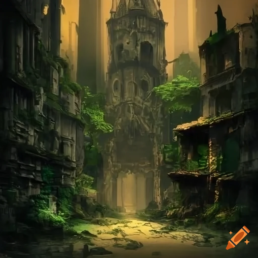 Overgrown ruins of a fantasy city on Craiyon