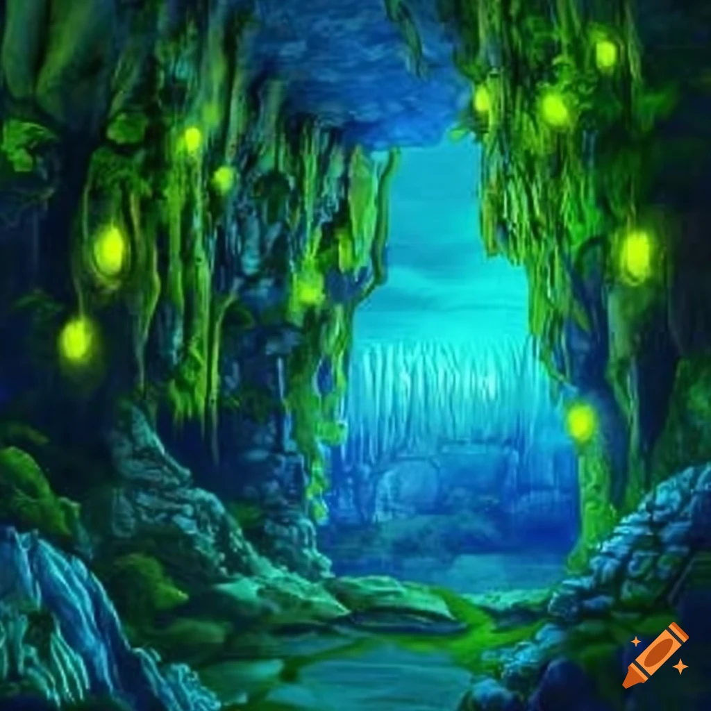 Lush cave with magical glowing berries and serene terraced pools on Craiyon