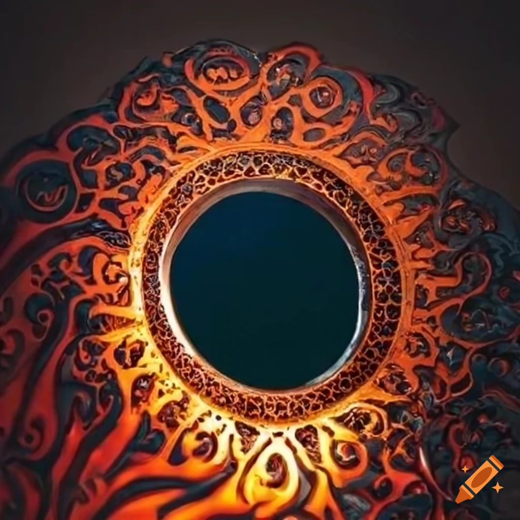 Unique mirror with intricate arabic designs and flowing lava in the ...