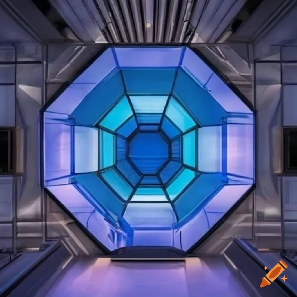 Menacing headquarters with a blue octagon logo on Craiyon