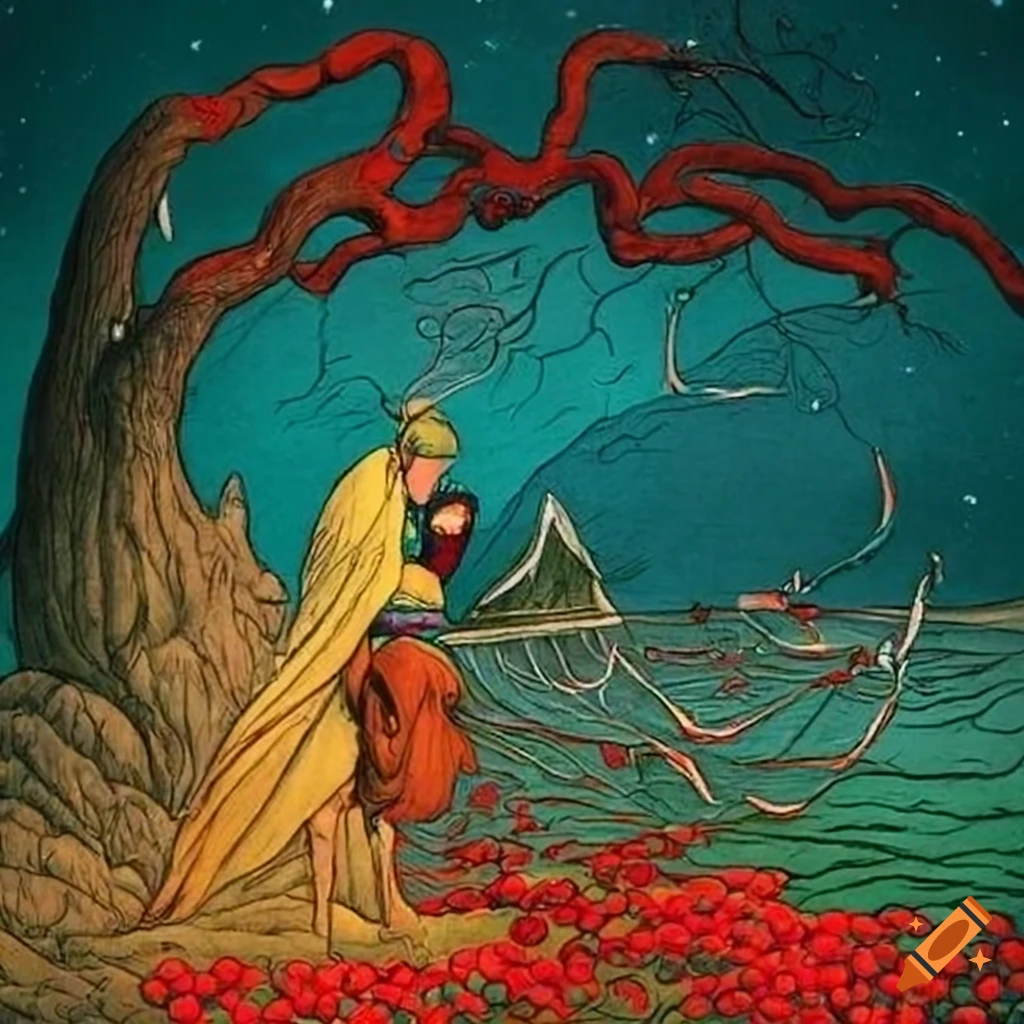 Magical illustration of serpents, oak forest, mountain peaks, and a ...