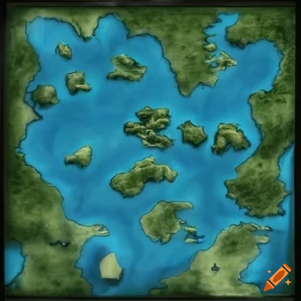 Fantasy map with three continents, islands, and random terrain on Craiyon