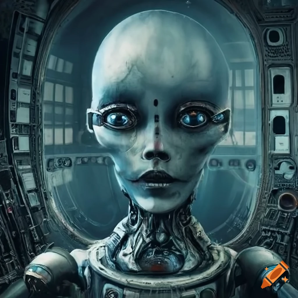 Surrealistic alien robot mother in the control room of an interstellar ...