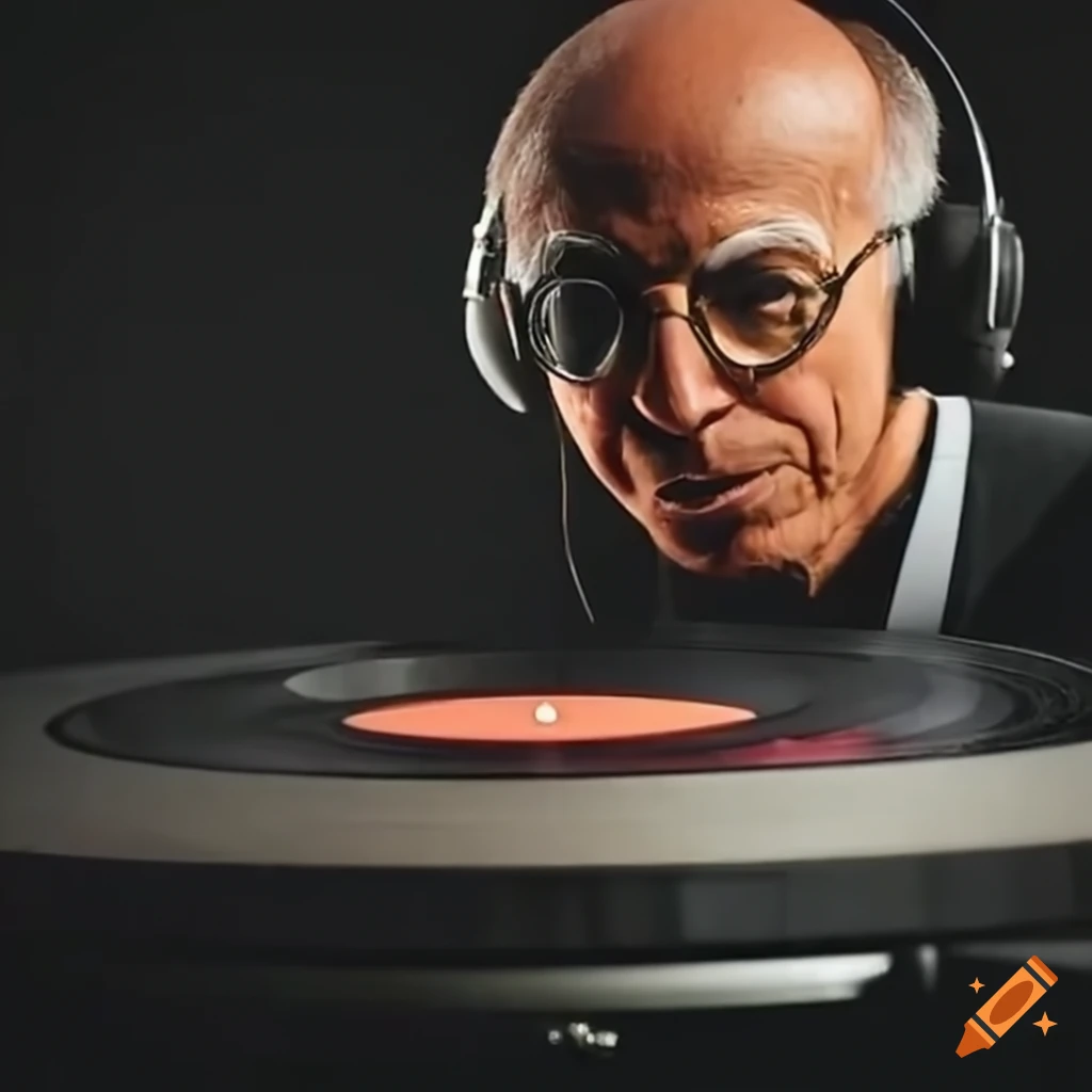 Dj larry david spinning vinyl on turntables with headphones on Craiyon