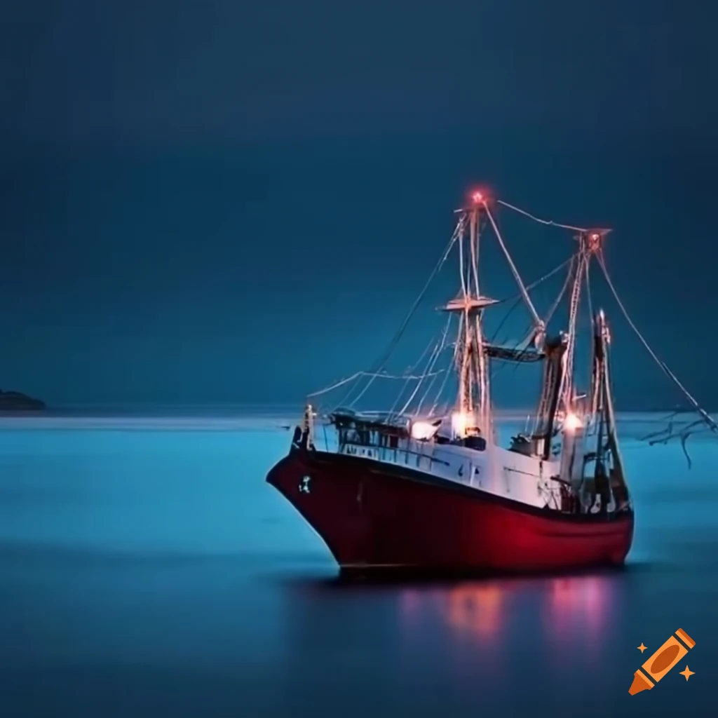 Fishing vessel with shining lights on the sea at night on Craiyon