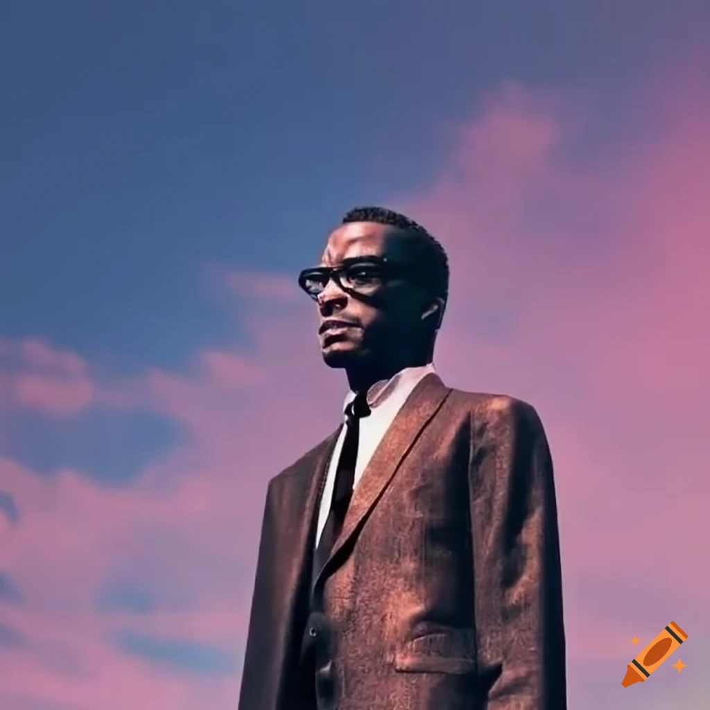 Young malcolm x standing in front of a civil rights monument on Craiyon