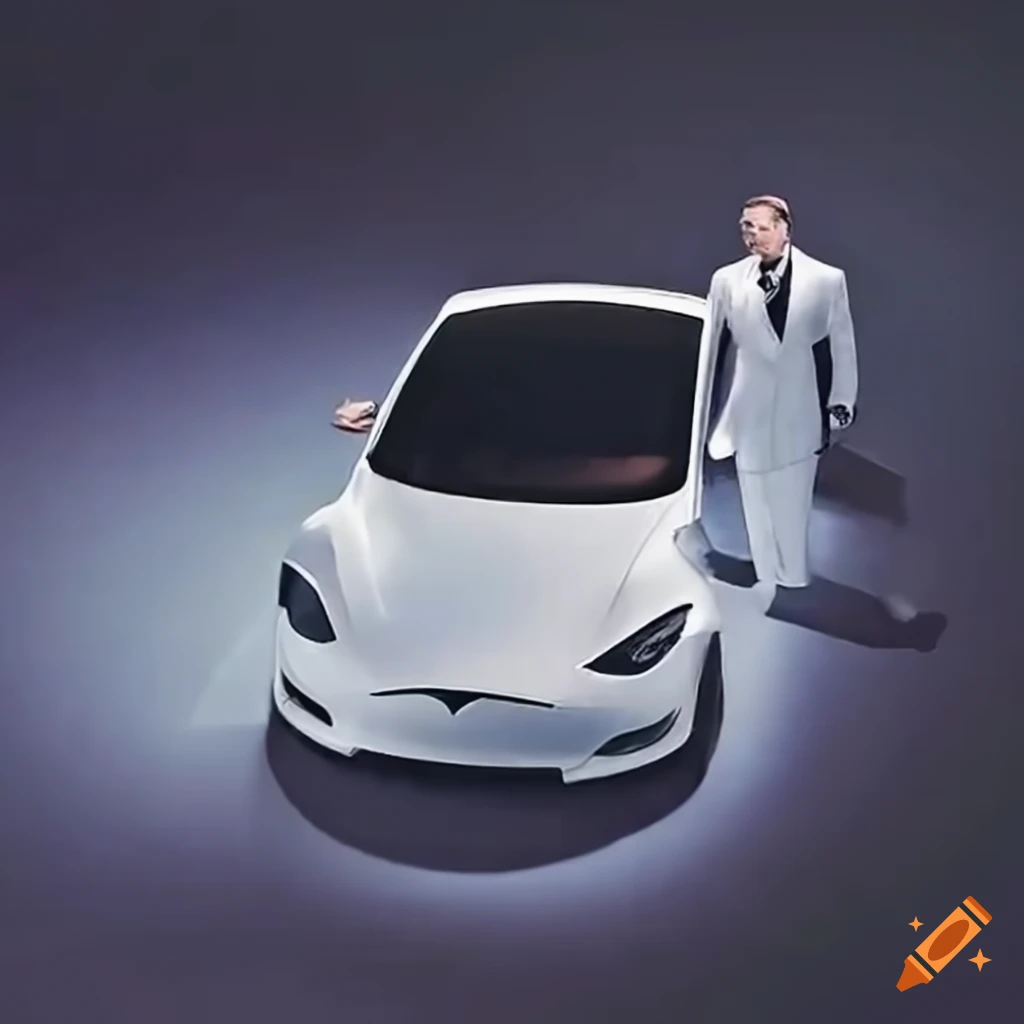 Elon musk in a white tuxedo driving a tesla on Craiyon