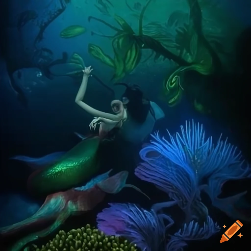 Two mermaid goddesses overseeing an enchanting realm with iridescent ...