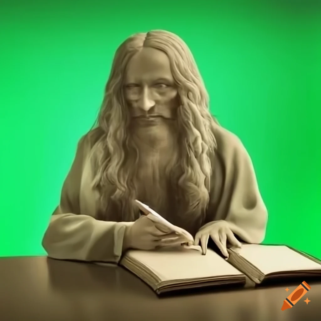Leonardo da vinci writing at a desk with a notebook, green screen ...