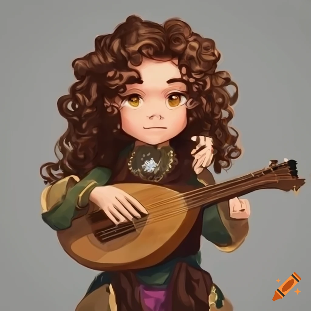 Smiling bard with long brown curly hair playing a lute on Craiyon