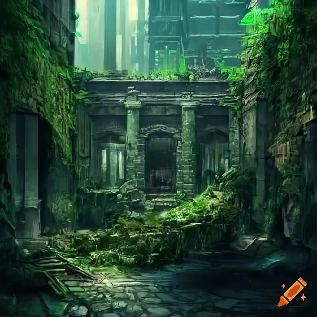 Overgrown urban fantasy ruins on Craiyon