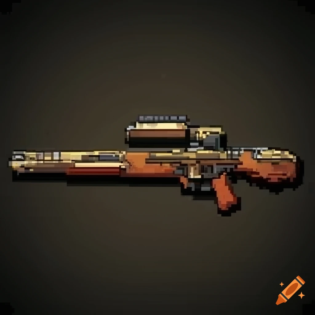 Pixel art depicting a sci-fi carbine weapon with rustic redwood and brass elements on Craiyon