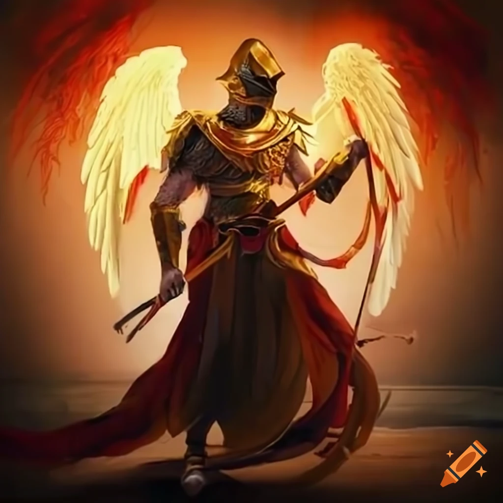Icarus in epic armor clutching his flaming bow and arrow on Craiyon