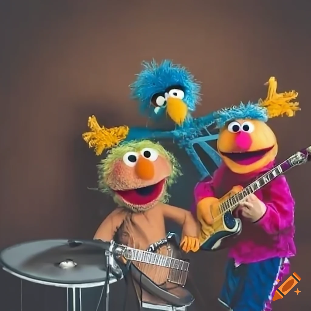 Sesame street character playing in a rock band on Craiyon