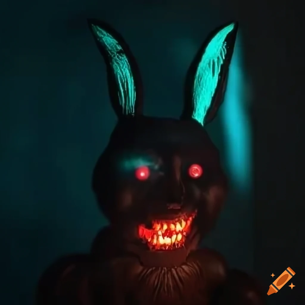 Sinister black animatronic bunny with glowing red eyes in a dark room ...