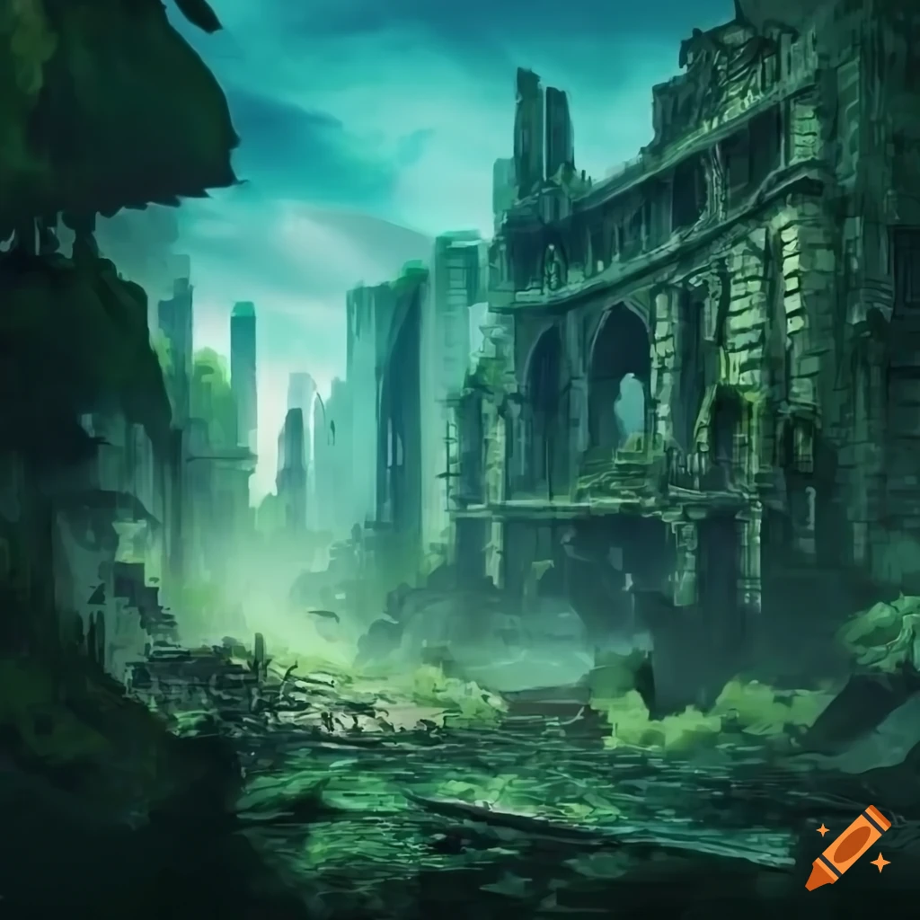 Overgrown ruins of a fantasy city on Craiyon