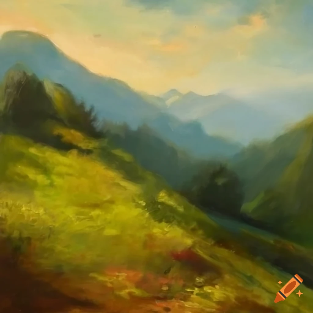 Oil painting of a lush medieval slope on Craiyon