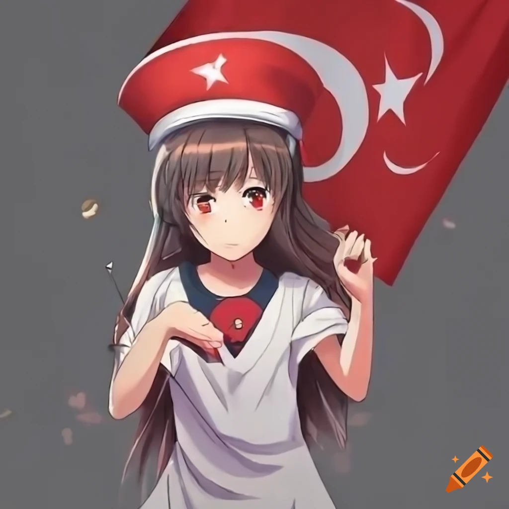 Turkish anime girl with a sailor hat fighting under the turkish flag on ...