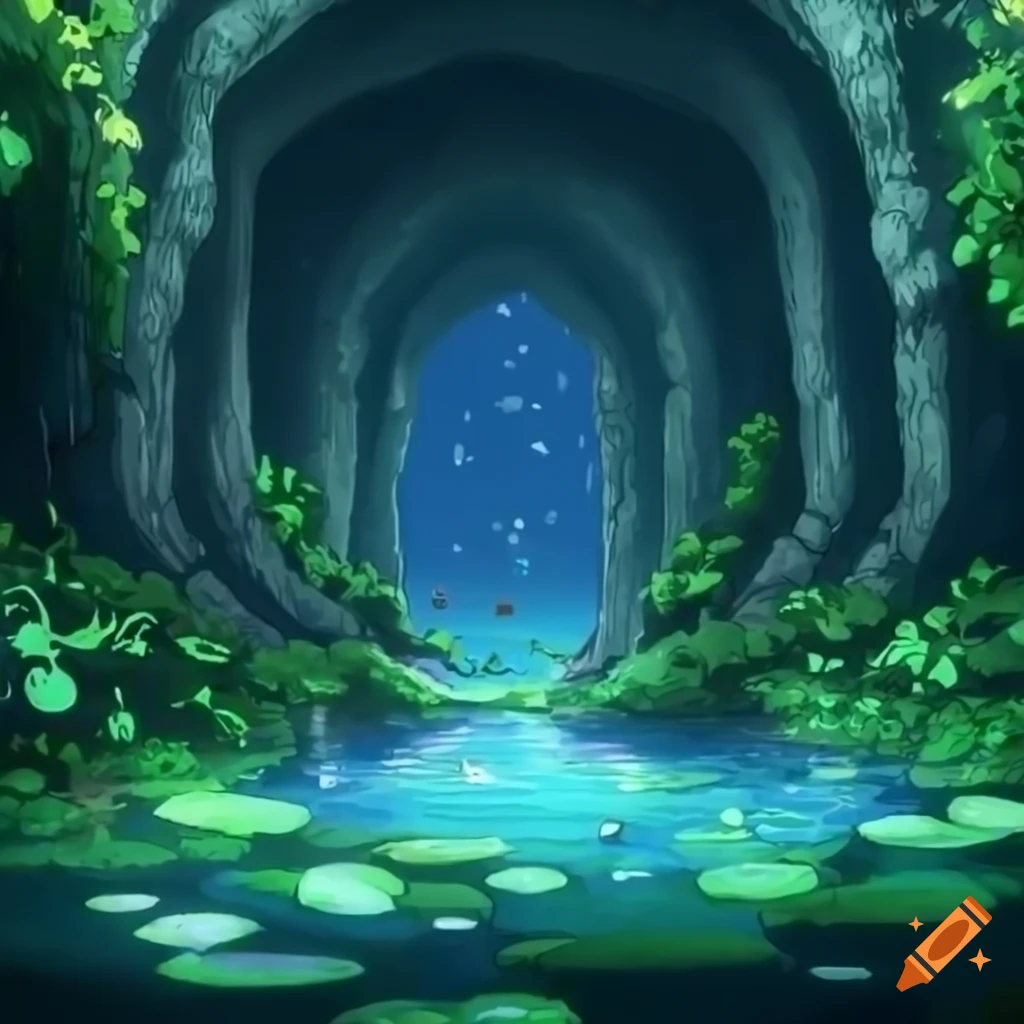 Lush underground cave with magical glowing berries and terraced pools ...