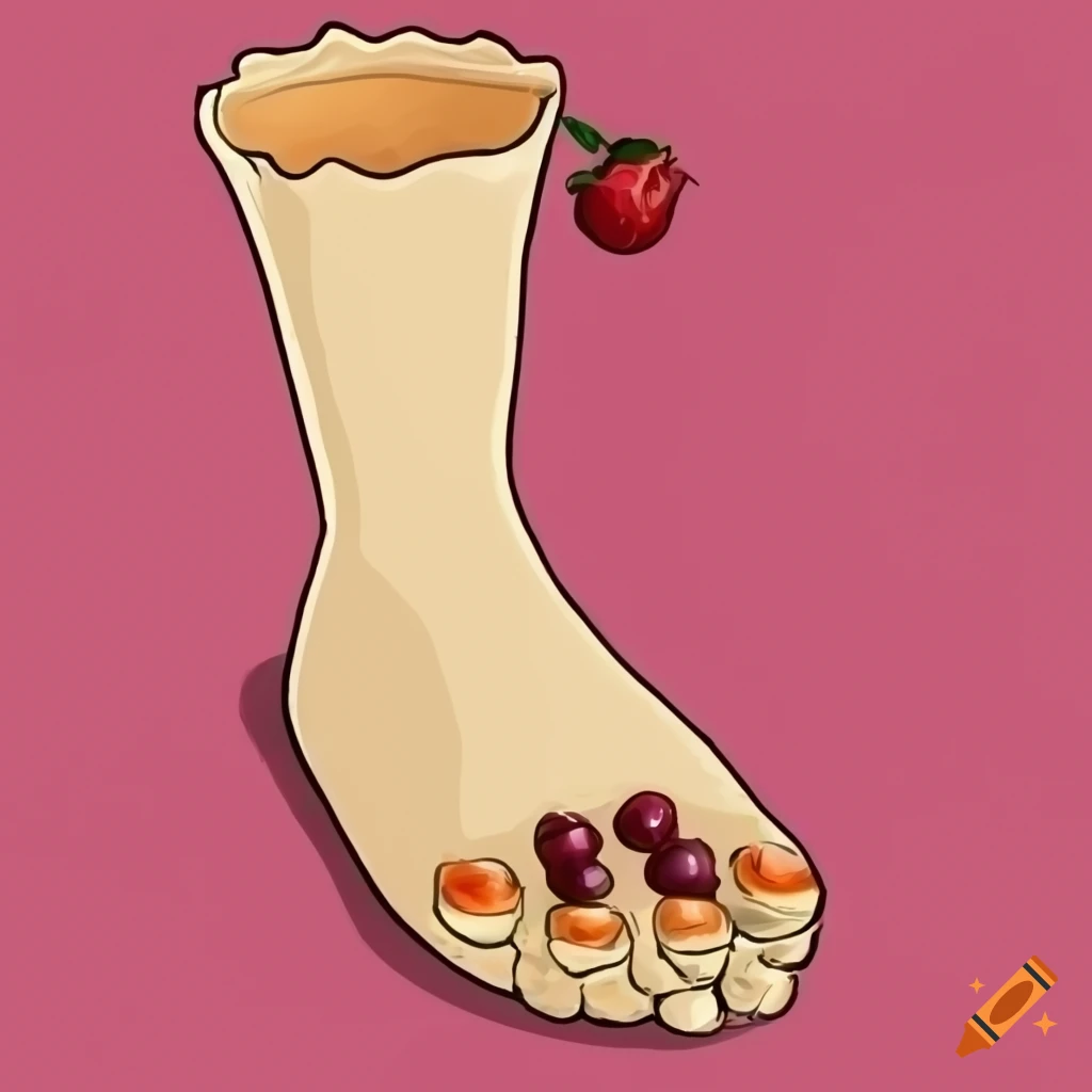 Cartoon style foot made of pie crust and berry filling on Craiyon