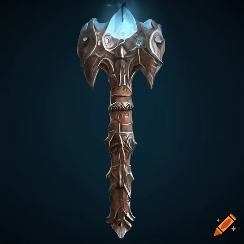 Intricate elven mace with tip depicting the face of a god of thunder on ...