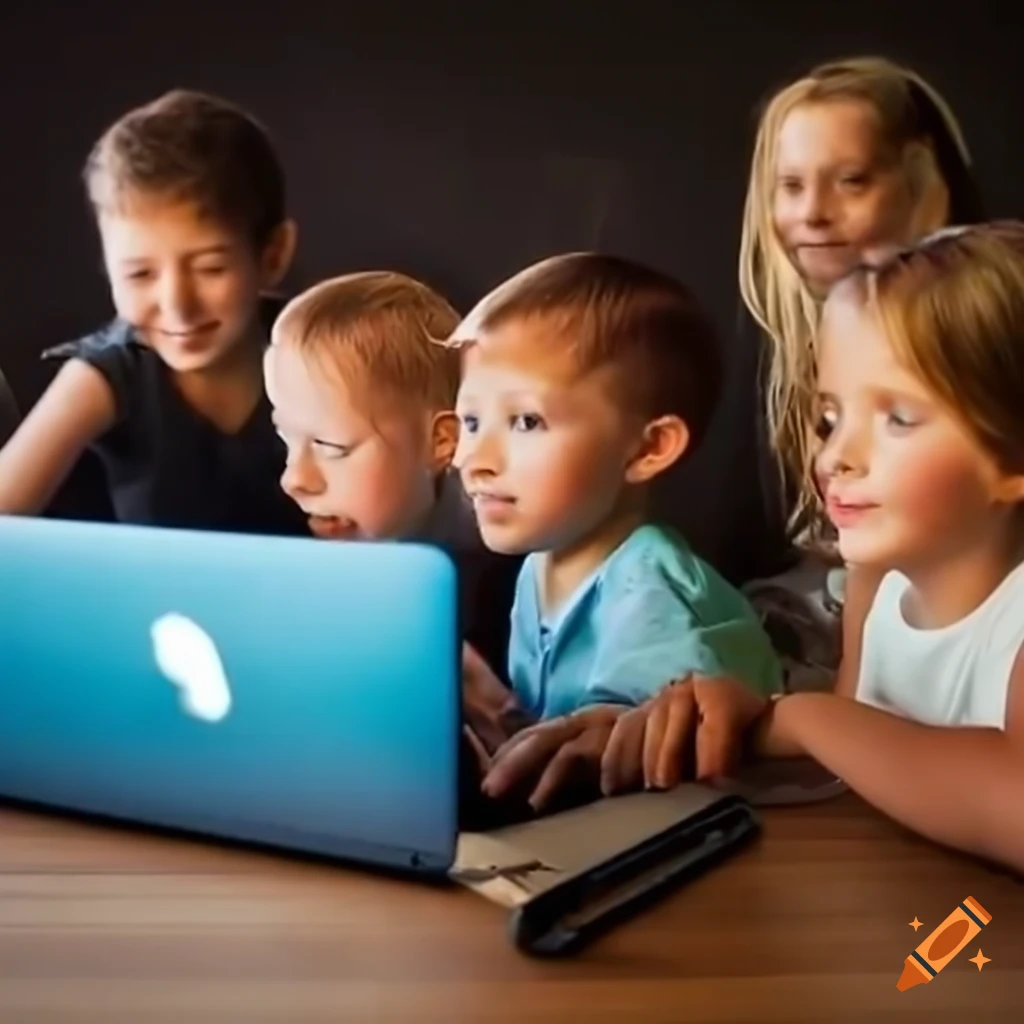 Group of kids working on laptops on Craiyon