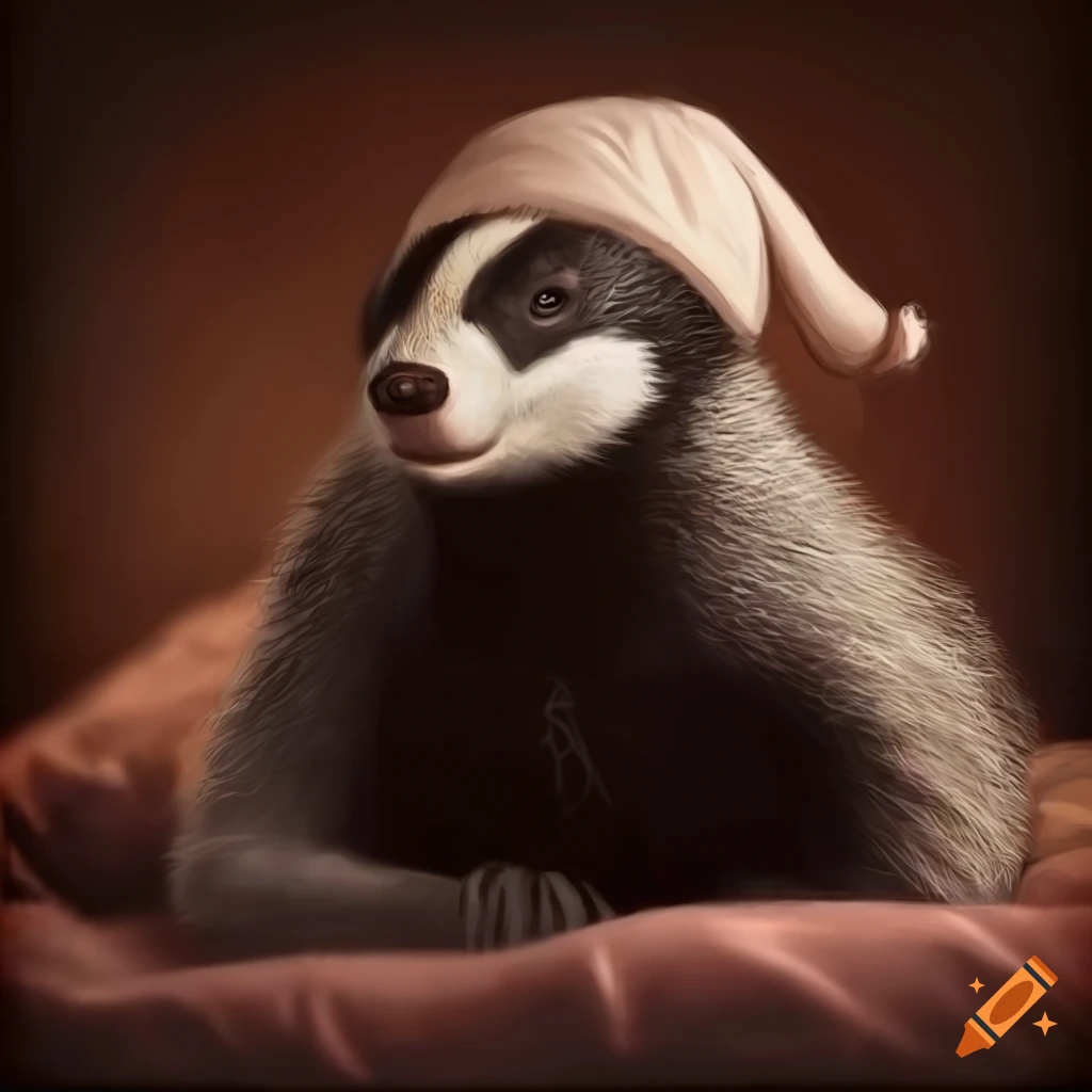 Sleeping anthropomorphic badger in canopy bed with nightcap and ...