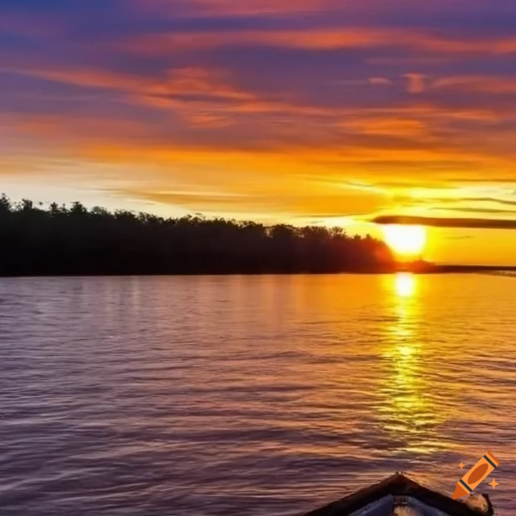 Serene sunset over the mississippi river from a wooden log raft on Craiyon