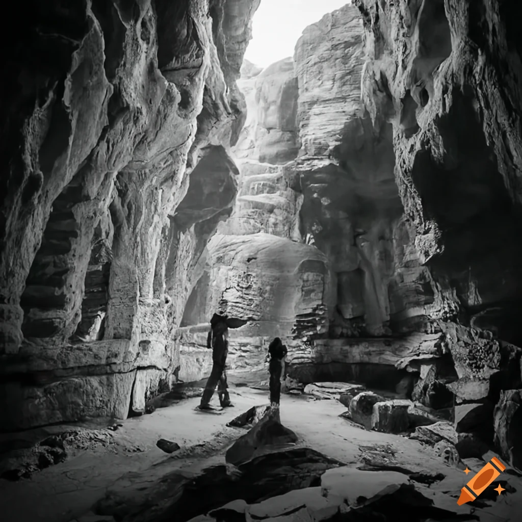 Adventurous archaeologist exploring ancient ruins in a cave in black and white on Craiyon