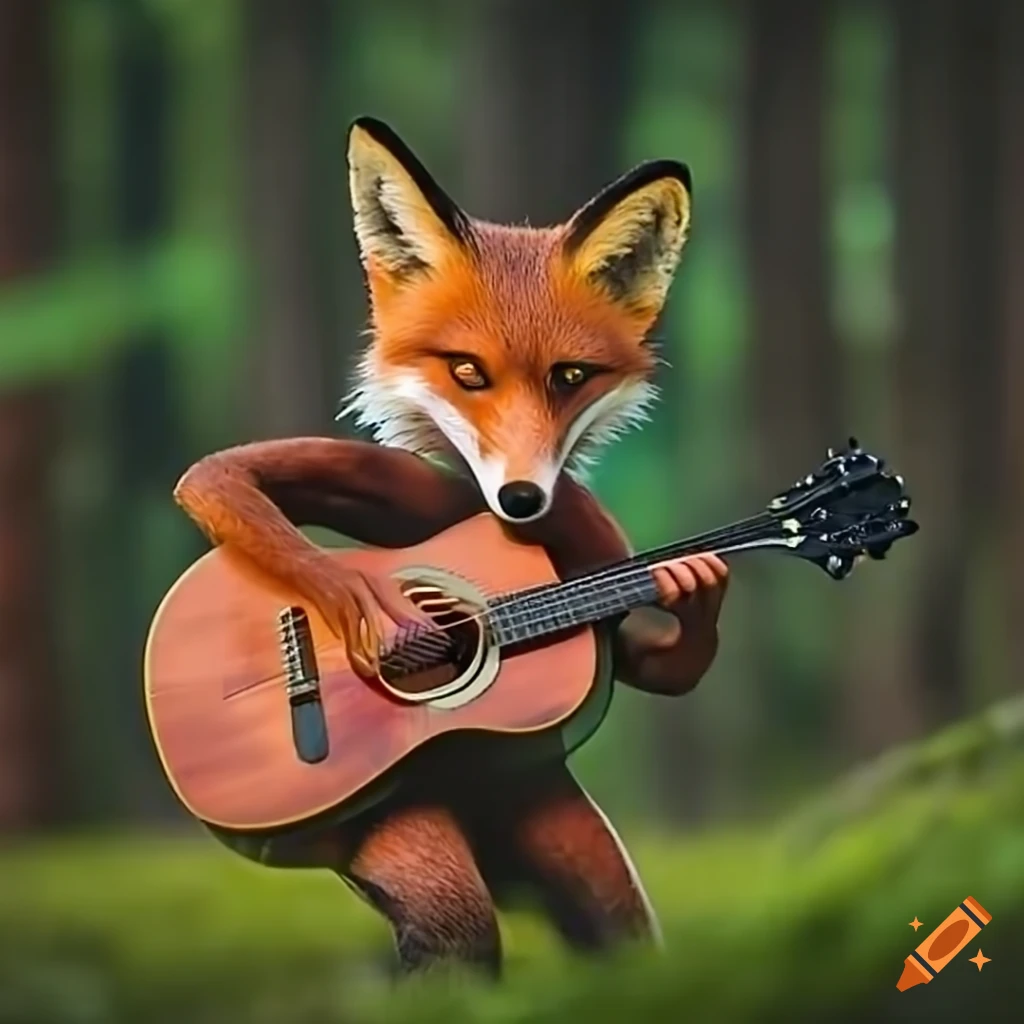 Animated fox playing guitar solo in the forest on Craiyon