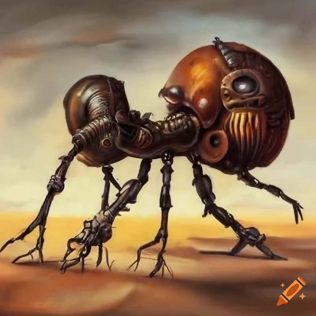 Steampunk walking machine with ant-inspired design in the desert on Craiyon
