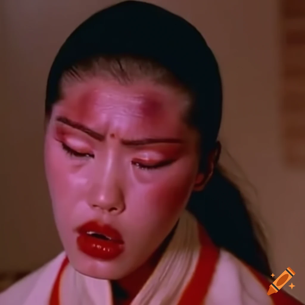 Asian martial arts fighter with bruised face and closed eyes on Craiyon