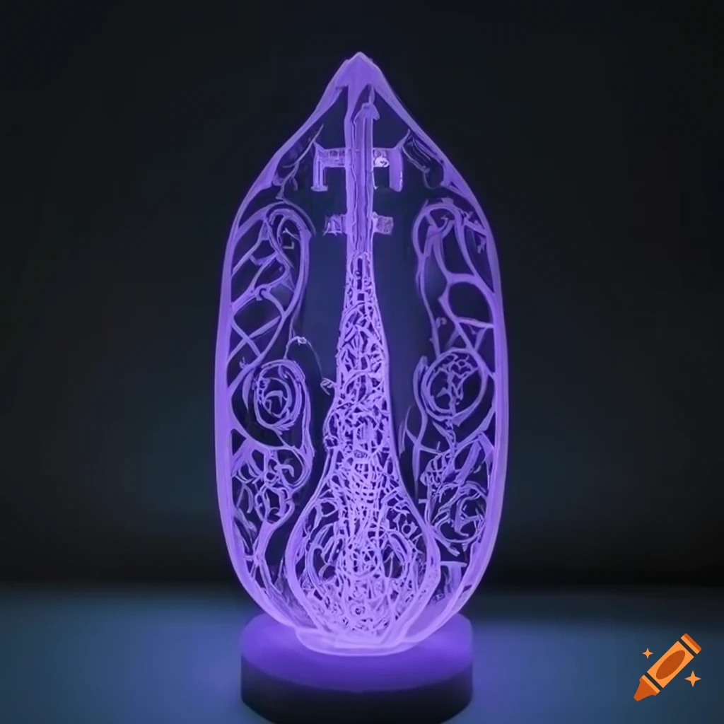 3d printed religious symbol lamp hanging in tree avenue at night on Craiyon