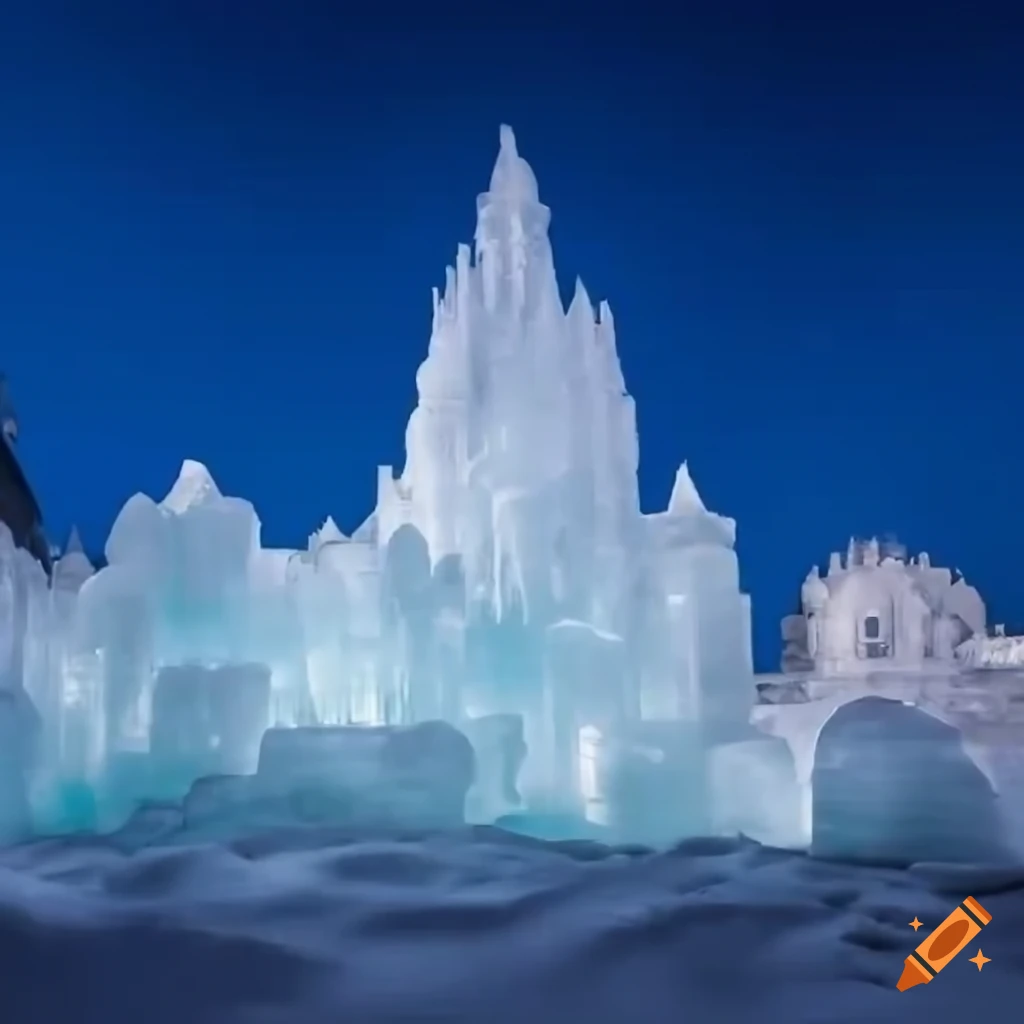 Victoria ice castle in a snowy winter with trees, photorealistic on Craiyon